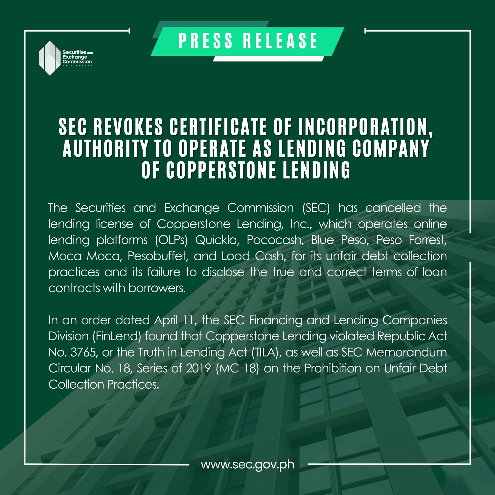 SEC Cancels Copperstone Lending’s License: Unfair Practices Exposed – Bong Pico